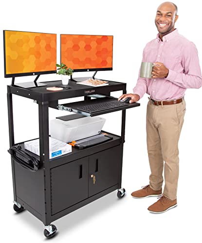 Line Leader Large AV Cart with Locking Cabinet | Height Adjustable Utility Cart | Includes Pullout Keyboard Tray & Cord Management | Easy Assembly (32in x 18in x 42in / Black)