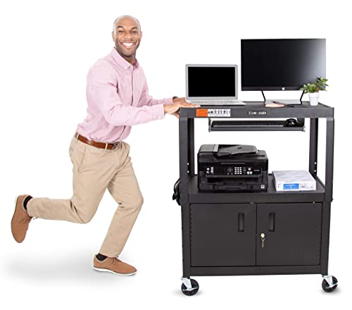 Line Leader Large AV Cart with Locking Cabinet | Height Adjustable Utility Cart | Includes Pullout Keyboard Tray & Cord Management | Easy Assembly (32in x 18in x 42in / Black)