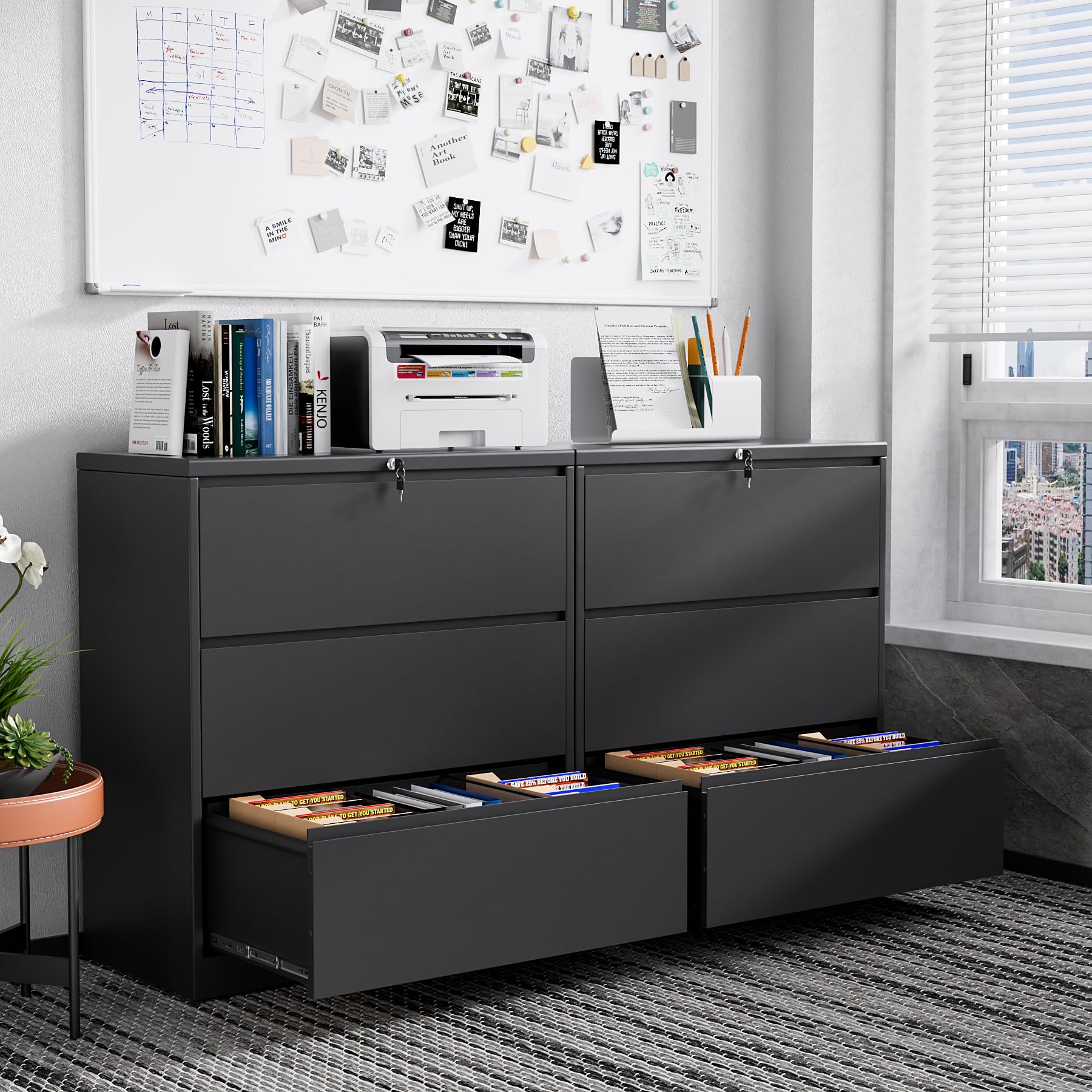 WIILAYOK Lateral File Cabinet with Lock,3 Drawer File Cabinet for Home and Office, Organizer Storage Lateral Locking Filing Cabinet, Black