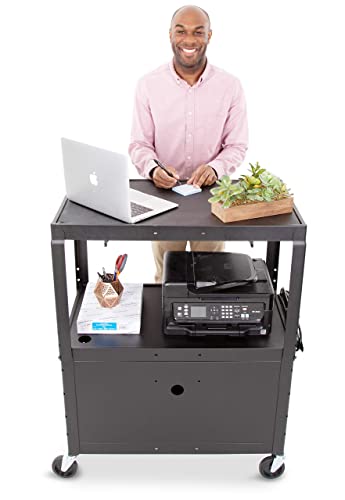 Line Leader Large AV Cart with Locking Cabinet | Height Adjustable Utility Cart | Includes Pullout Keyboard Tray & Cord Management | Easy Assembly (32in x 18in x 42in / Black)