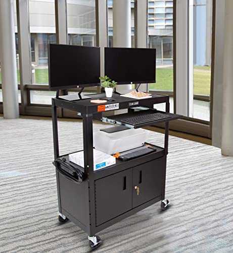 Line Leader Large AV Cart with Locking Cabinet | Height Adjustable Utility Cart | Includes Pullout Keyboard Tray & Cord Management | Easy Assembly (32in x 18in x 42in / Black)