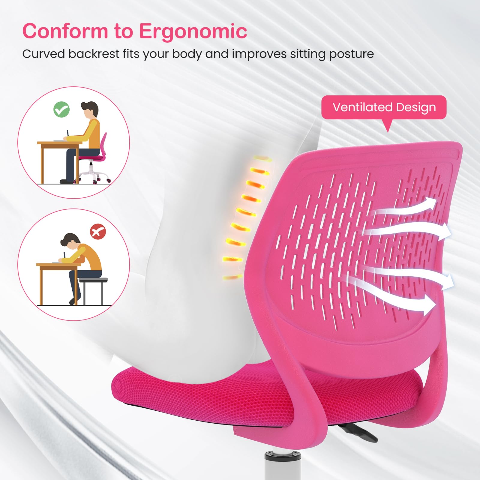 Giantex Kids Desk Chair, Adjustable Children Study Chair, Swivel Chair Armless Mesh Task Student Chair, Child Desk Chair with Adjustable Height & Lumbar Support Computer Chair (Rose)