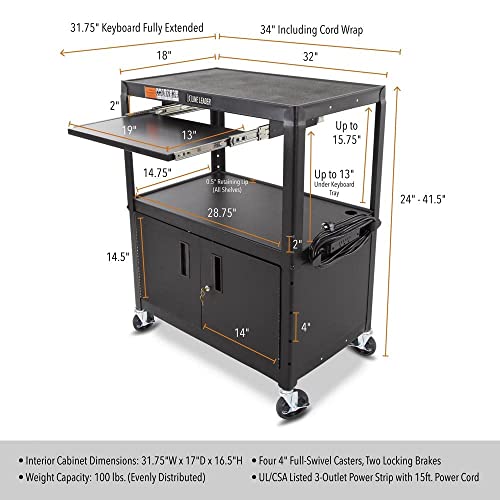 Line Leader Large AV Cart with Locking Cabinet | Height Adjustable Utility Cart | Includes Pullout Keyboard Tray & Cord Management | Easy Assembly (32in x 18in x 42in / Black)