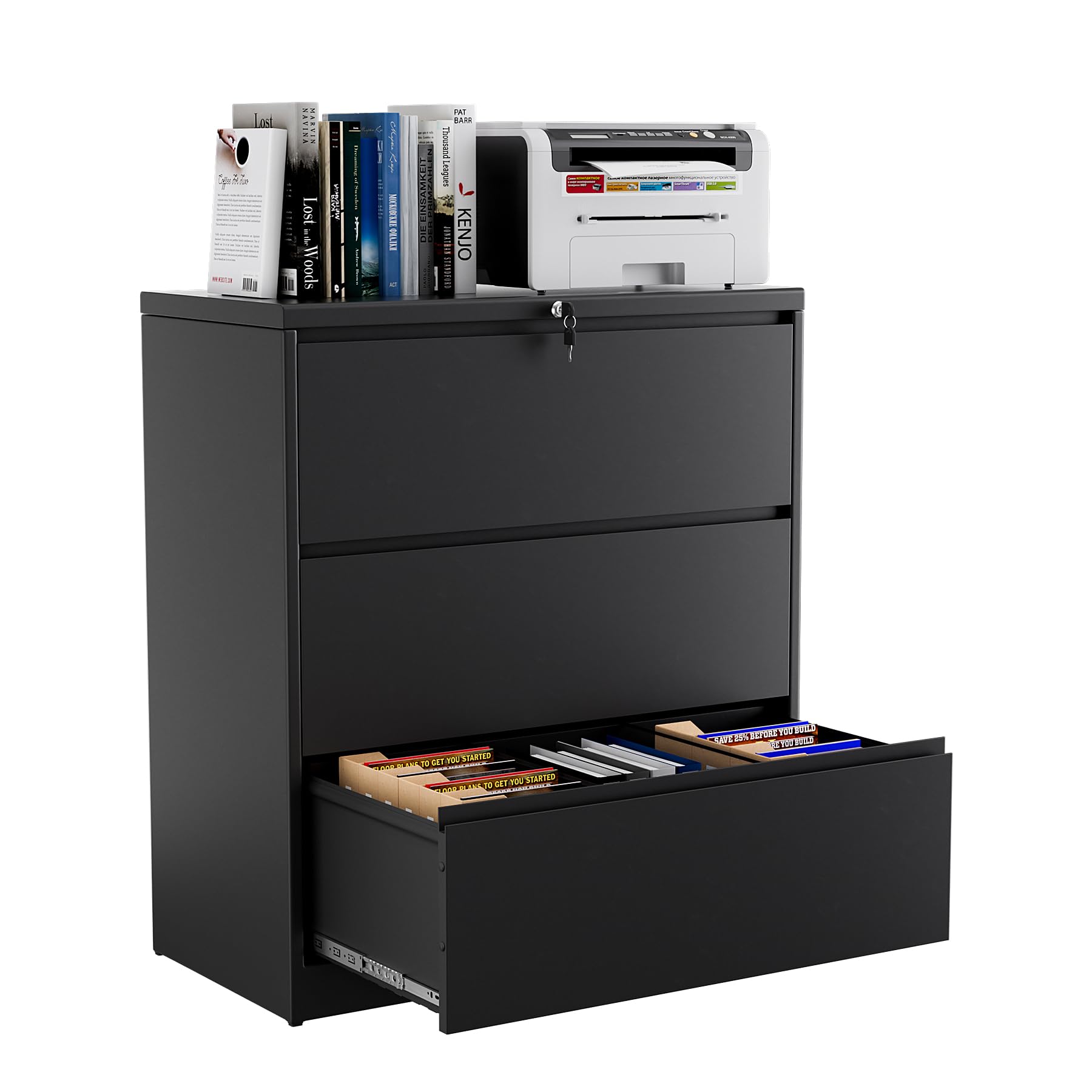 WIILAYOK Lateral File Cabinet with Lock,3 Drawer File Cabinet for Home and Office, Organizer Storage Lateral Locking Filing Cabinet, Black
