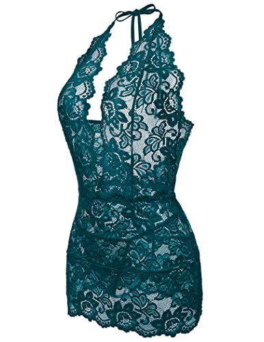 Gladiolus Womens Lingerie Lace Babydoll Sexy Deep V Halter One Piece Lingerie Dress Blue M