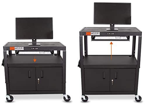Line Leader Large AV Cart with Locking Cabinet | Height Adjustable Utility Cart | Includes Pullout Keyboard Tray & Cord Management | Easy Assembly (32in x 18in x 42in / Black)