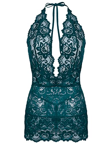 Gladiolus Womens Lingerie Lace Babydoll Sexy Deep V Halter One Piece Lingerie Dress Blue M