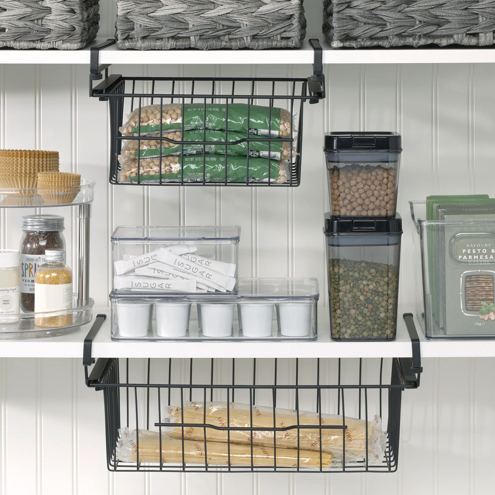 mDesign Compact Hanging Pullout Drawer Basket - Sliding Under Shelf Storage Organizer - Metal Wire - Attaches to Shelving - Easy Install - for Kitchen, Pantry, Cabinet - 2 Pack - Black