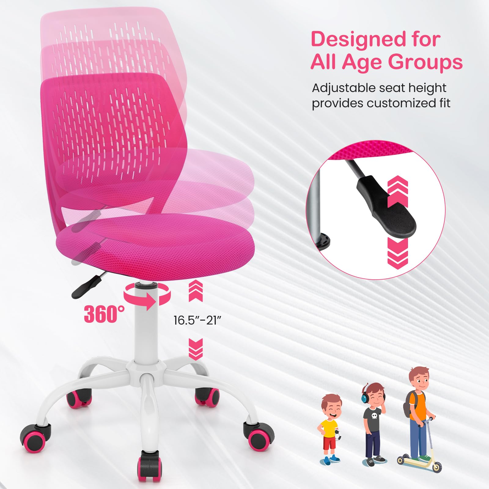 Giantex Kids Desk Chair, Adjustable Children Study Chair, Swivel Chair Armless Mesh Task Student Chair, Child Desk Chair with Adjustable Height & Lumbar Support Computer Chair (Rose)