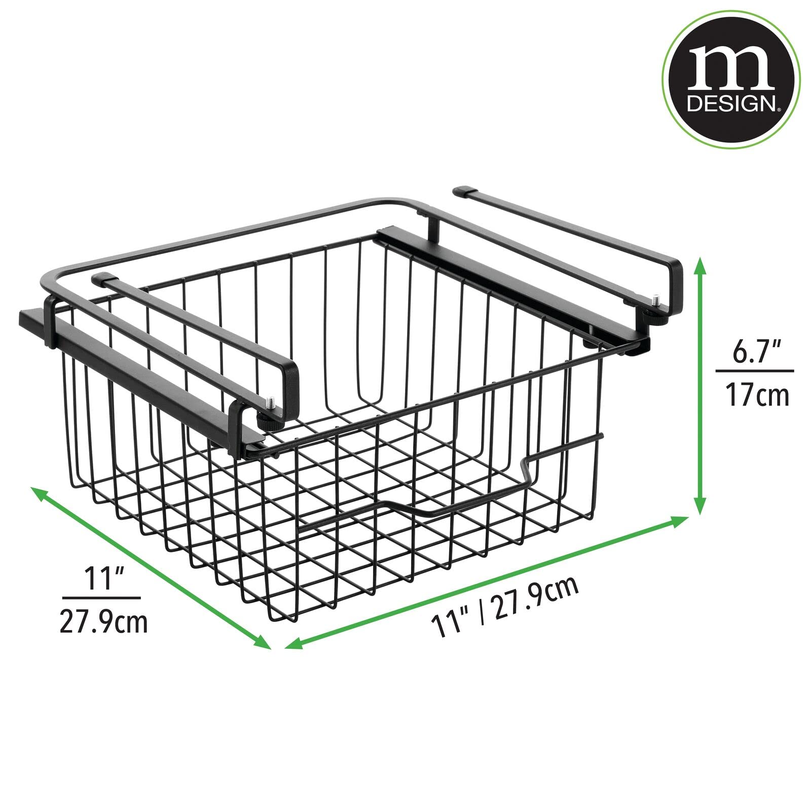 mDesign Compact Hanging Pullout Drawer Basket - Sliding Under Shelf Storage Organizer - Metal Wire - Attaches to Shelving - Easy Install - for Kitchen, Pantry, Cabinet - 2 Pack - Black