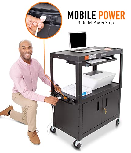 Line Leader Large AV Cart with Locking Cabinet | Height Adjustable Utility Cart | Includes Pullout Keyboard Tray & Cord Management | Easy Assembly (32in x 18in x 42in / Black)