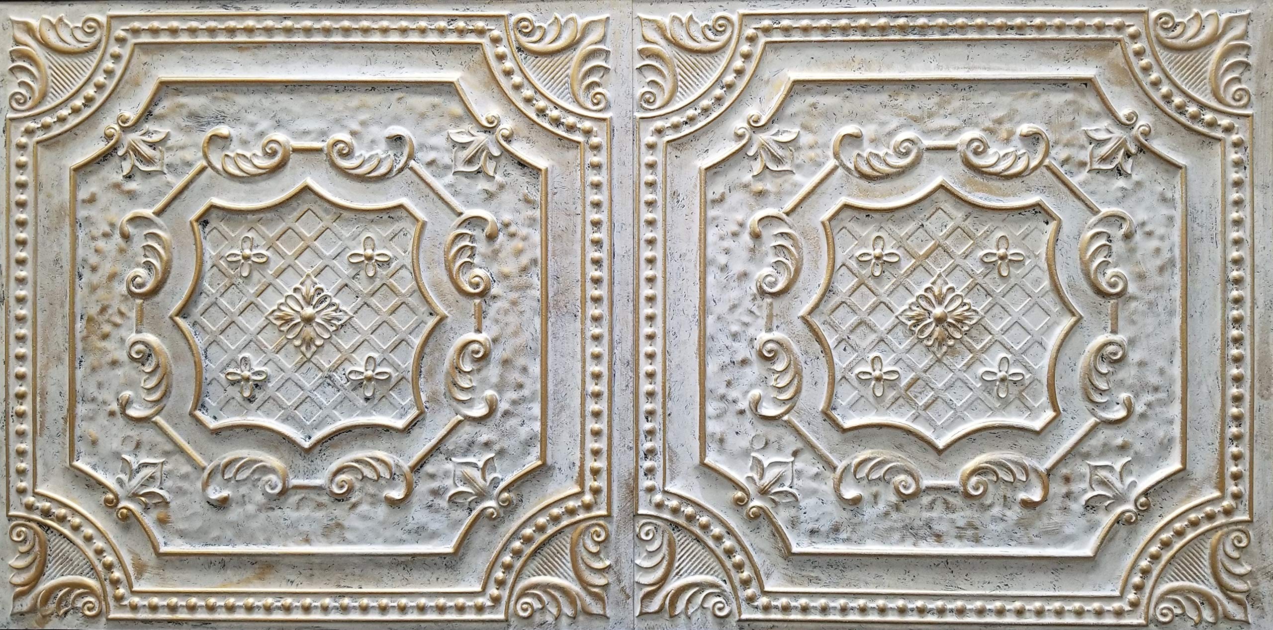 TD04 Rustic Gold Faux Tin Glue up, Drop in Ceiling Tile, Pack of 10 2'X2' Tiles. Covers 40 sq.ft. Easy to Install PVC Panels, Great for DIY Projects - Antique Vintage Look Ceiling, 3D Wall Paneling
