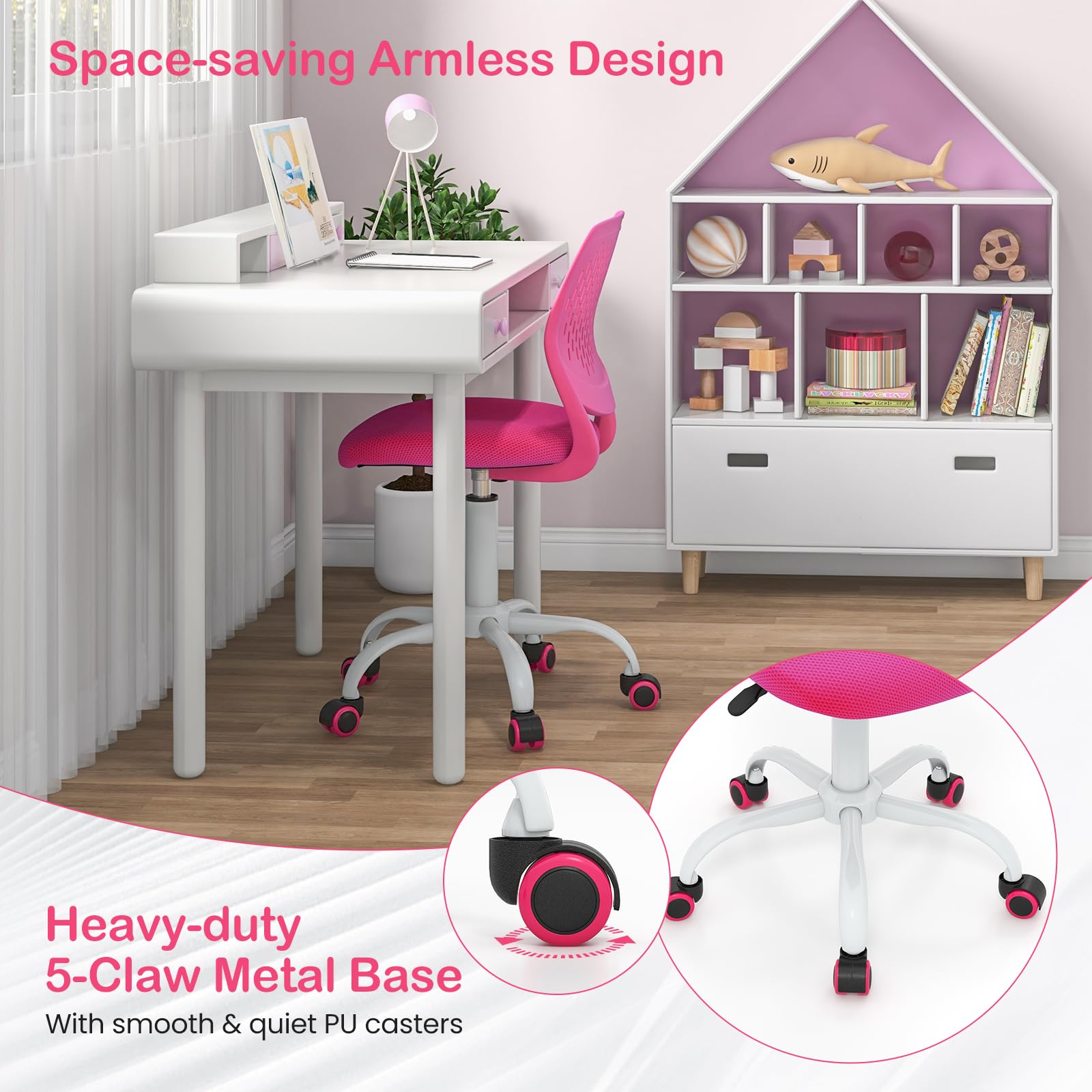 Giantex Kids Desk Chair, Adjustable Children Study Chair, Swivel Chair Armless Mesh Task Student Chair, Child Desk Chair with Adjustable Height & Lumbar Support Computer Chair (Rose)