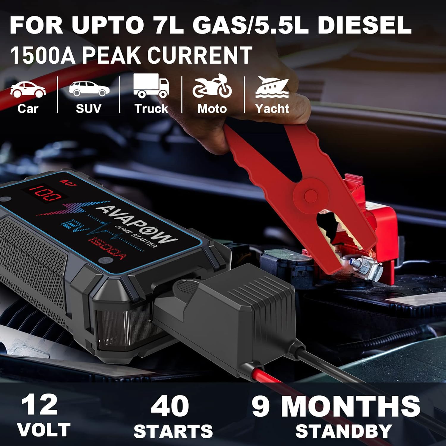 AVAPOW Car Jump Starter Battery Jumper Starter Portable Jump Boxes Car Battery Jump Starter Battery Pack with Jumper Cable 1500A for Vehicles (12V 7L Gas/5.5L Diesel Engine), LED Light/USB QC3.0
