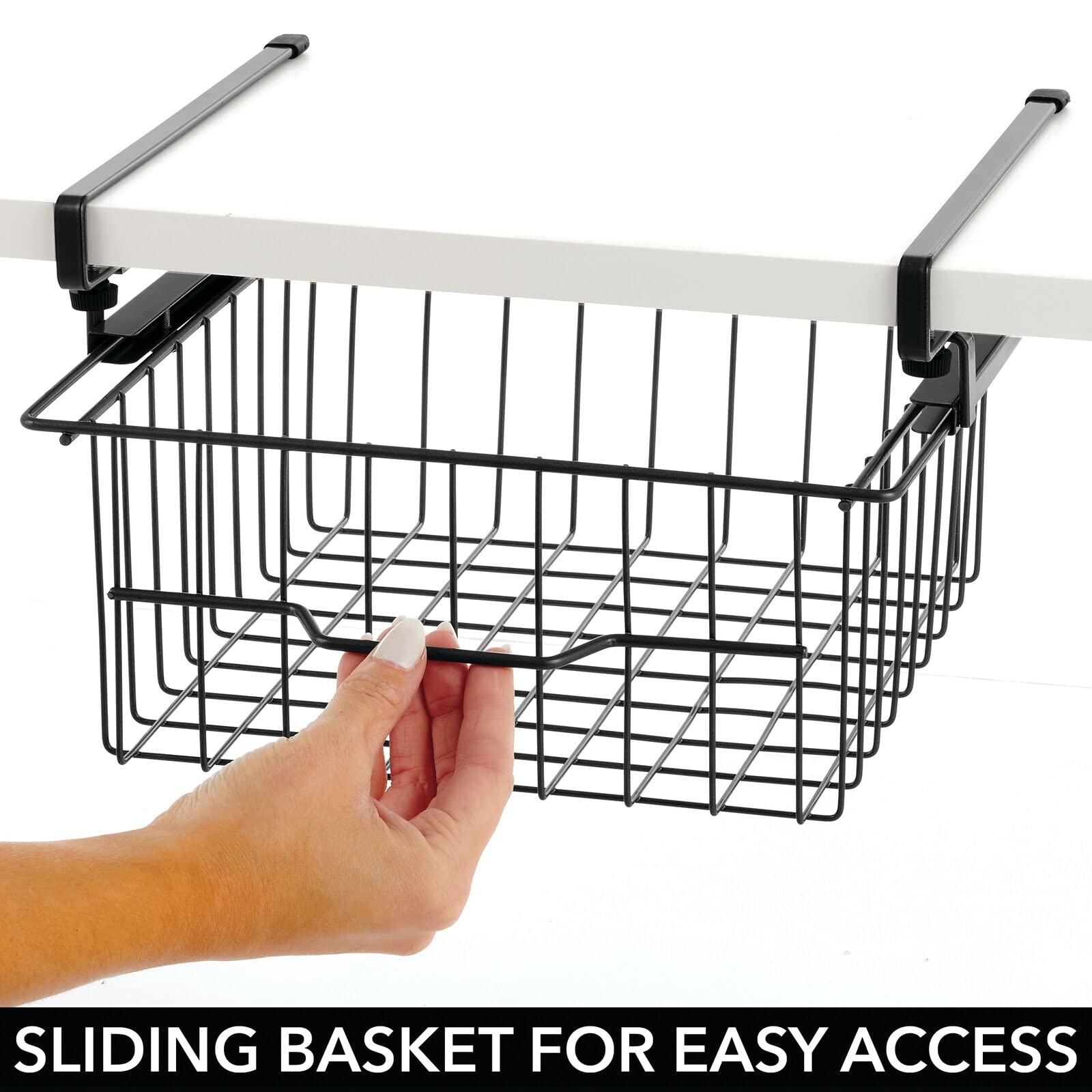 mDesign Compact Hanging Pullout Drawer Basket - Sliding Under Shelf Storage Organizer - Metal Wire - Attaches to Shelving - Easy Install - for Kitchen, Pantry, Cabinet - 2 Pack - Black