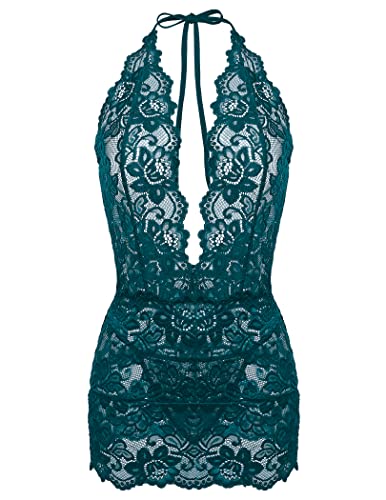 Gladiolus Womens Lingerie Lace Babydoll Sexy Deep V Halter One Piece Lingerie Dress Blue M