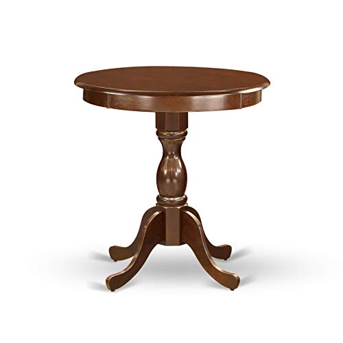 East West Furniture ESSI3-MAH-35 3 Piece Modern Dining Table Set Contains a Round Wooden Table with Pedestal and 2 Doeskin Linen Fabric Upholstered Chairs, 30x30 Inch, Mahogany