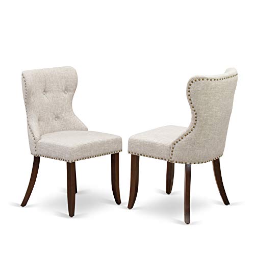East West Furniture ESSI3-MAH-35 3 Piece Modern Dining Table Set Contains a Round Wooden Table with Pedestal and 2 Doeskin Linen Fabric Upholstered Chairs, 30x30 Inch, Mahogany