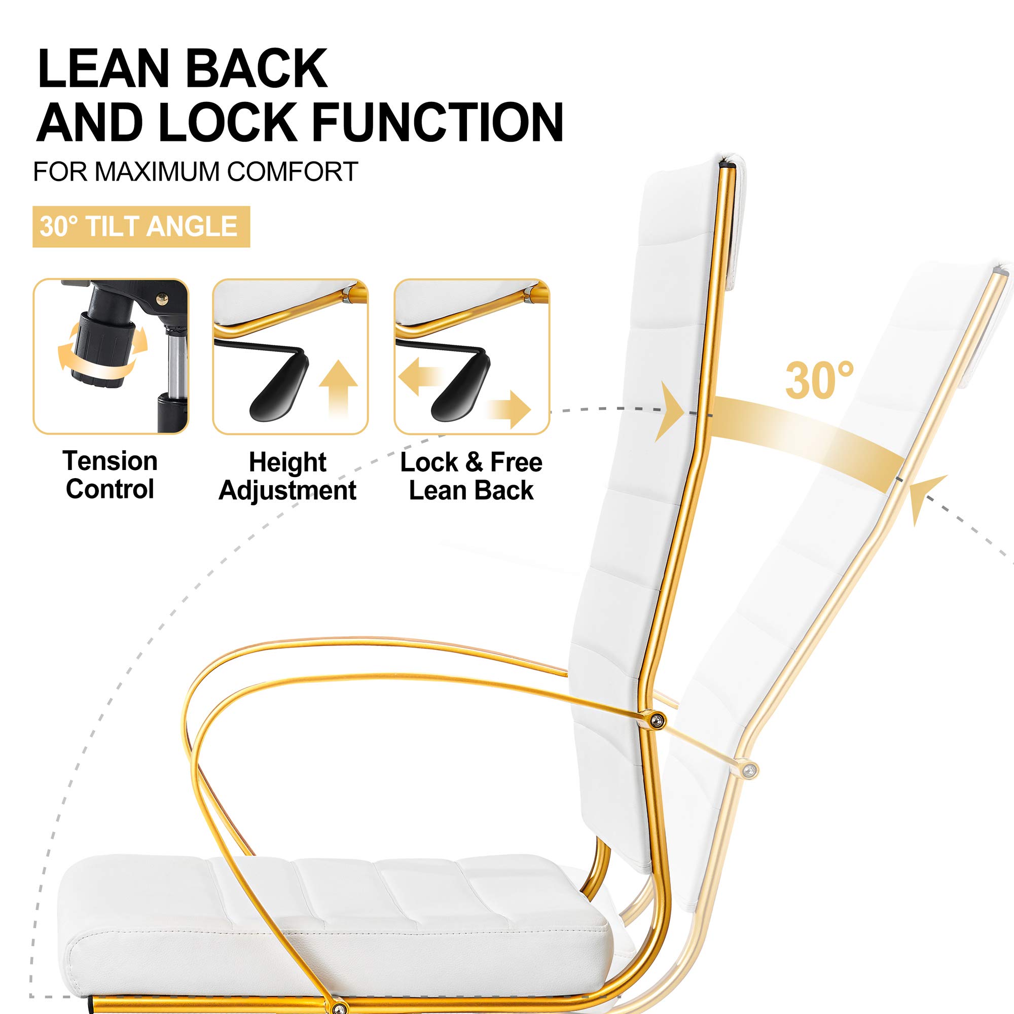 LUXMOD Ergonomic Office Chair, High Back Executive Chair in White Vegan Leather with Gold Accents, Adjustable Desk Chair with Back Support for Home Office(White)