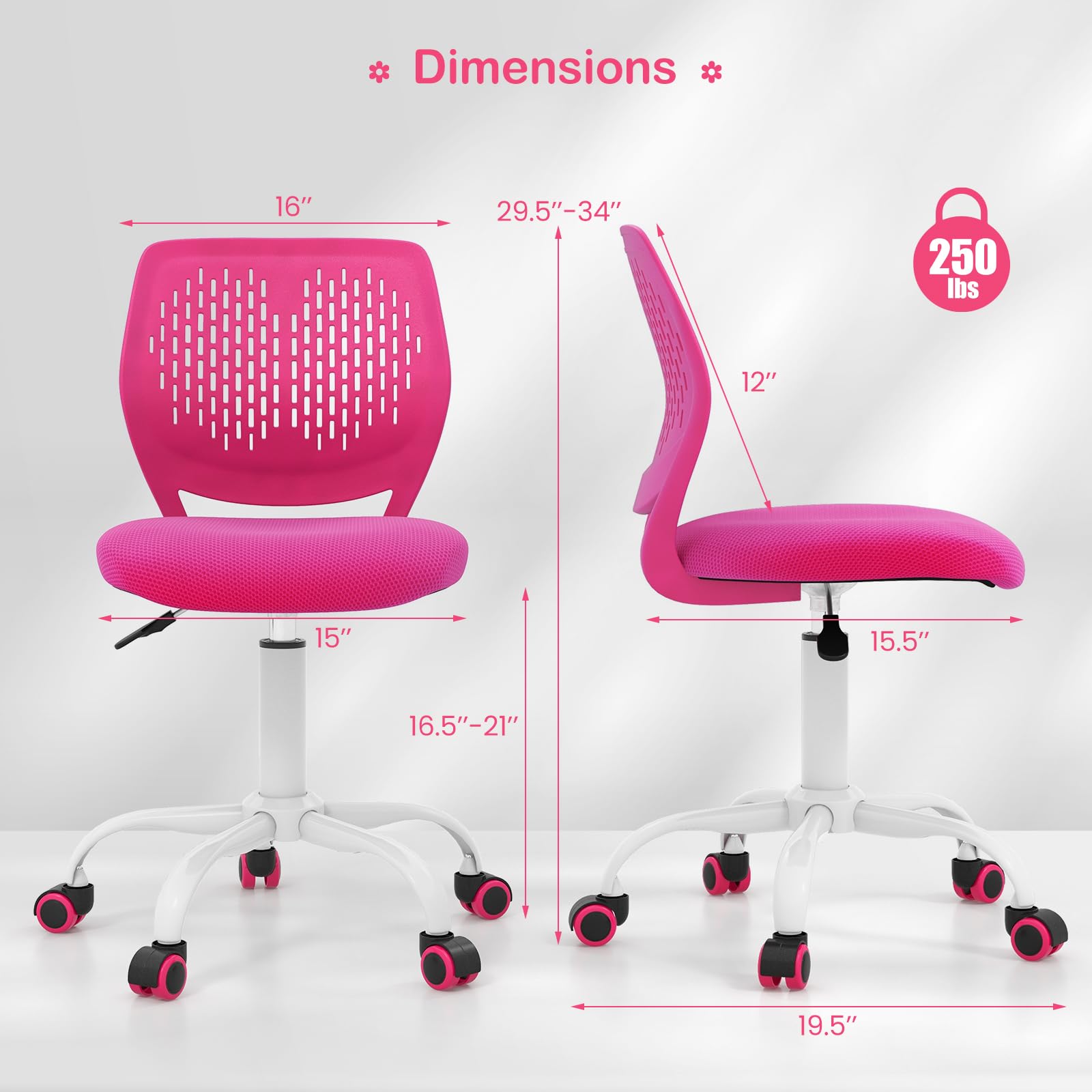 Giantex Kids Desk Chair, Adjustable Children Study Chair, Swivel Chair Armless Mesh Task Student Chair, Child Desk Chair with Adjustable Height & Lumbar Support Computer Chair (Rose)