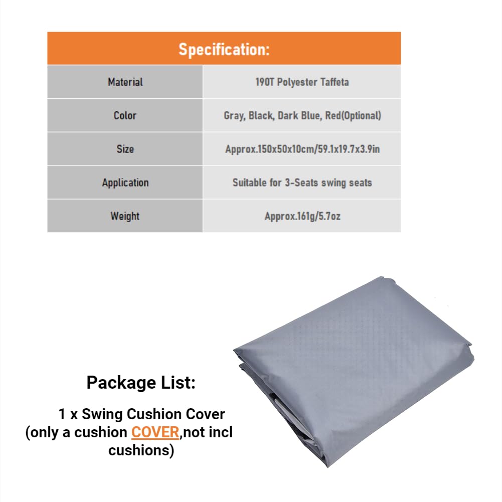 Oumefar Outdoor Swing Chair Cushion 3-seat Chair Cushion Replacement Swing Seat Cover for Patio Garden Yard(Gray)
