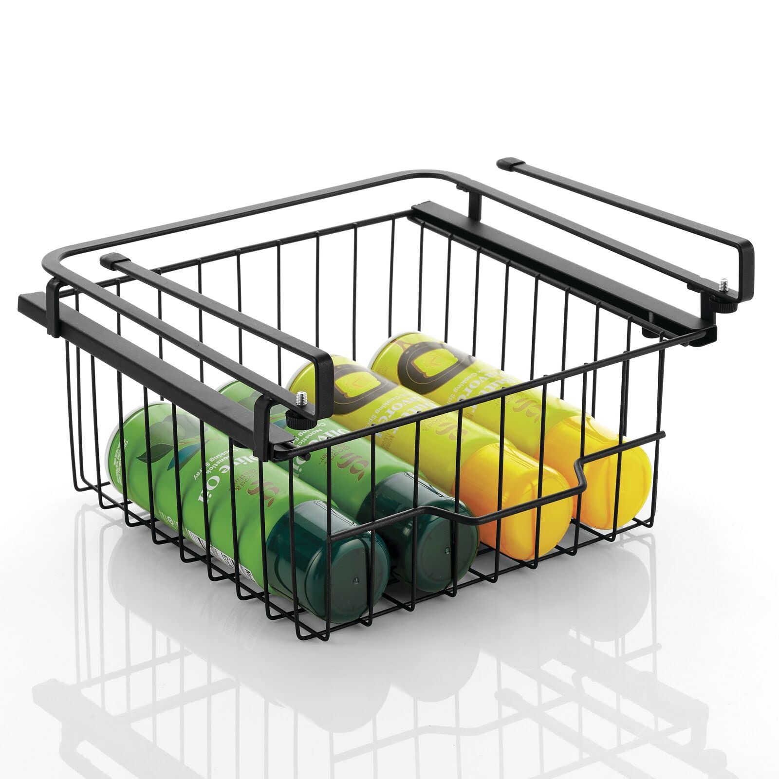 mDesign Compact Hanging Pullout Drawer Basket - Sliding Under Shelf Storage Organizer - Metal Wire - Attaches to Shelving - Easy Install - for Kitchen, Pantry, Cabinet - 2 Pack - Black