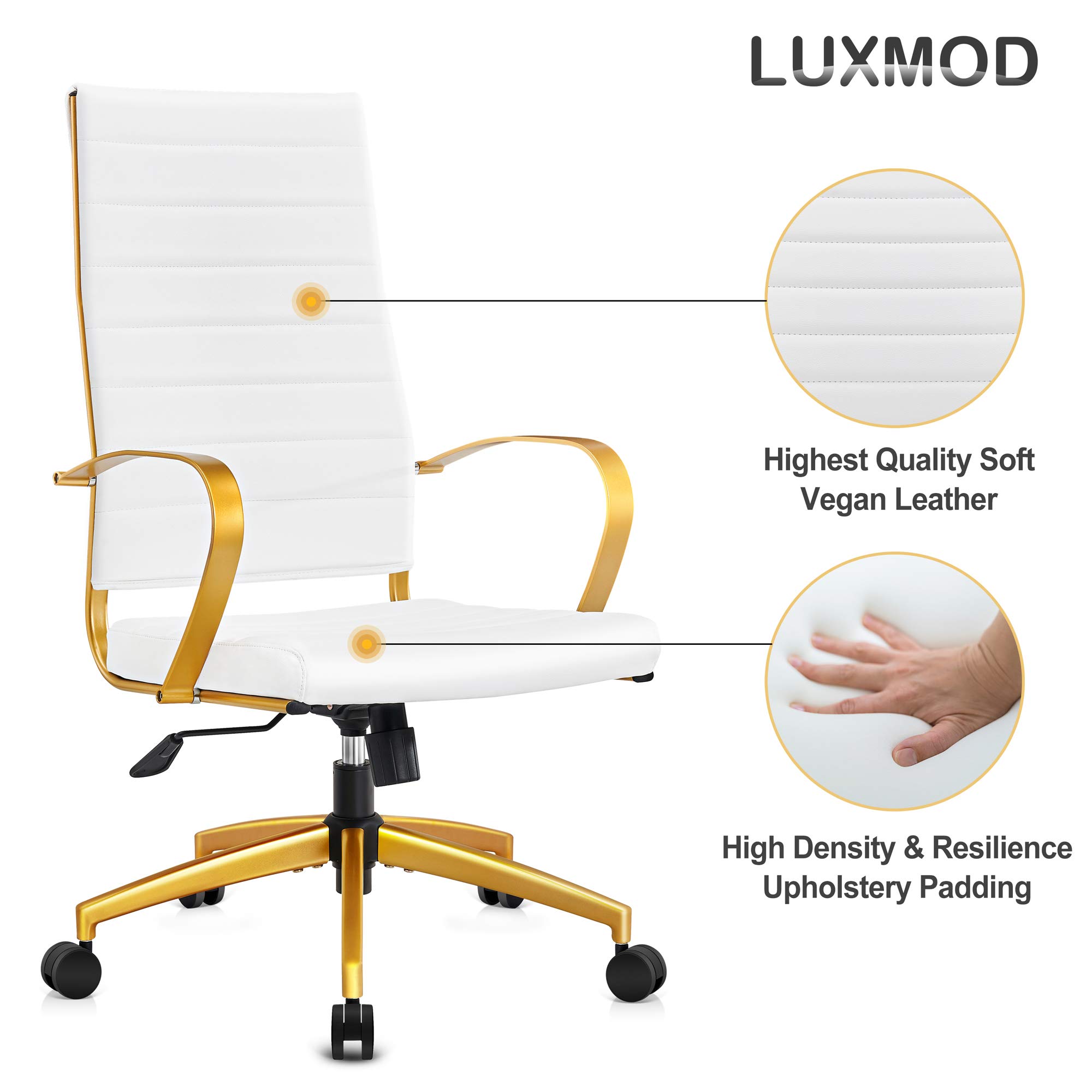 LUXMOD Ergonomic Office Chair, High Back Executive Chair in White Vegan Leather with Gold Accents, Adjustable Desk Chair with Back Support for Home Office(White)
