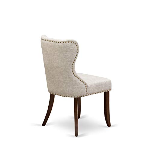 East West Furniture ESSI3-MAH-35 3 Piece Modern Dining Table Set Contains a Round Wooden Table with Pedestal and 2 Doeskin Linen Fabric Upholstered Chairs, 30x30 Inch, Mahogany
