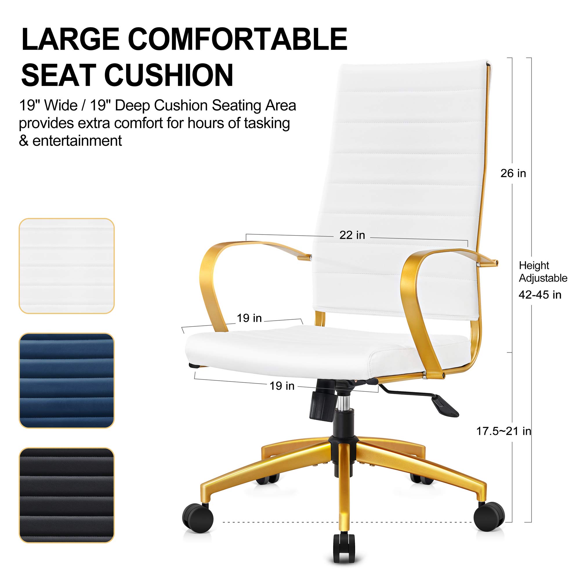 LUXMOD Ergonomic Office Chair, High Back Executive Chair in White Vegan Leather with Gold Accents, Adjustable Desk Chair with Back Support for Home Office(White)
