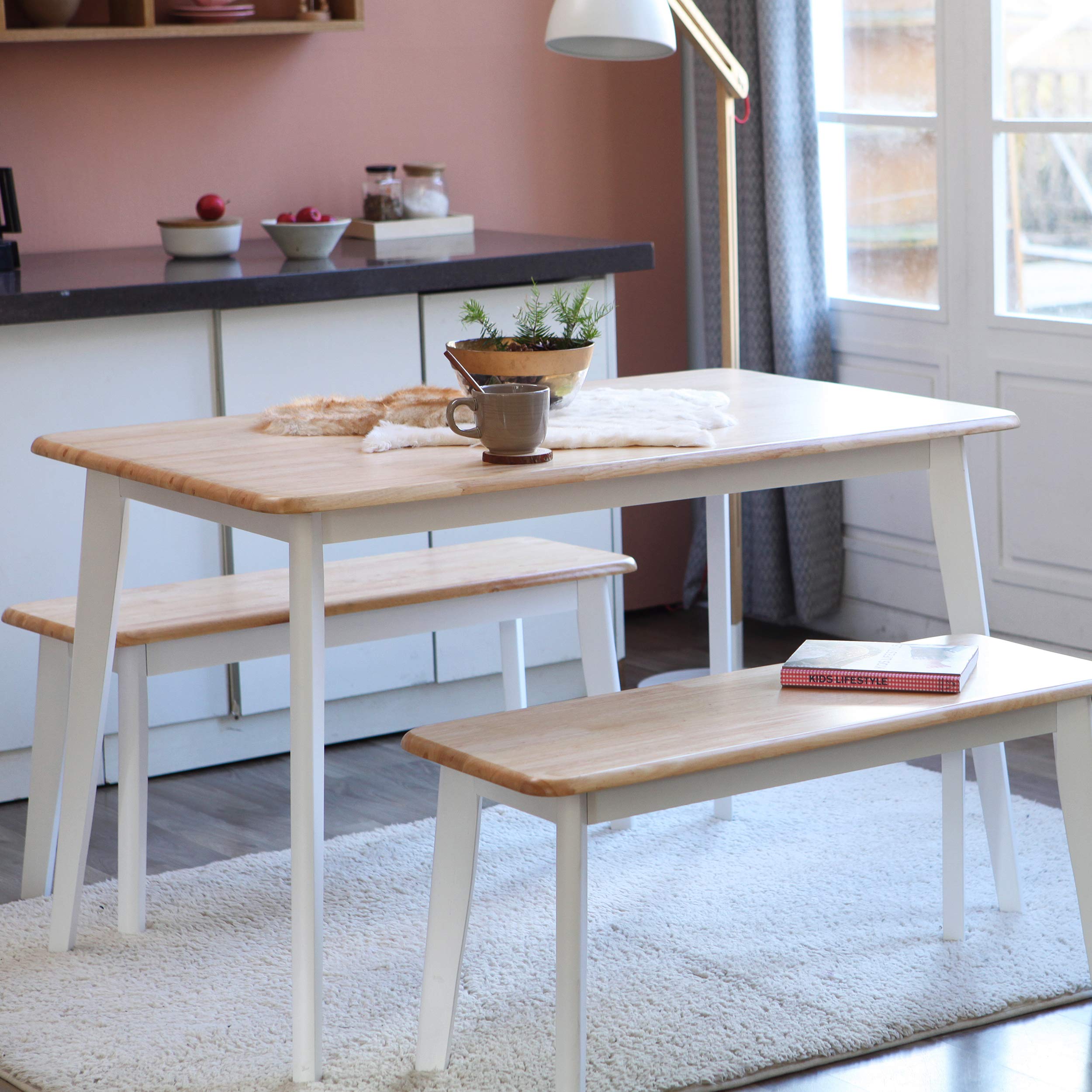 Livinia Canberra 37.4" Wooden Dining Bench/Mid Century Modern Solid Malaysian Oak Kitchen Bench (Natural-White)
