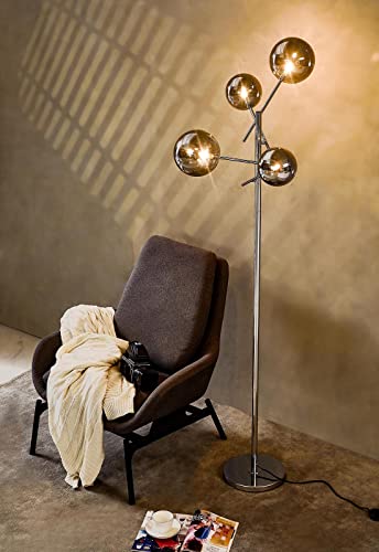 Surpars House Sputnik Chandelier Floor Lamp, 4 Lights Globe Floor Light with Smoky Grey Glass Shade,Chrome