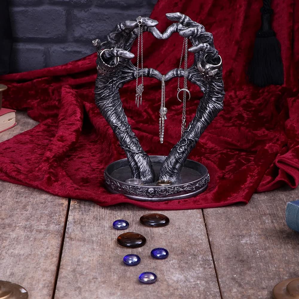 Nemesis Now Gothic Mummified Love Heart Hands Jewellery Dish Holder, Silver, 22cm