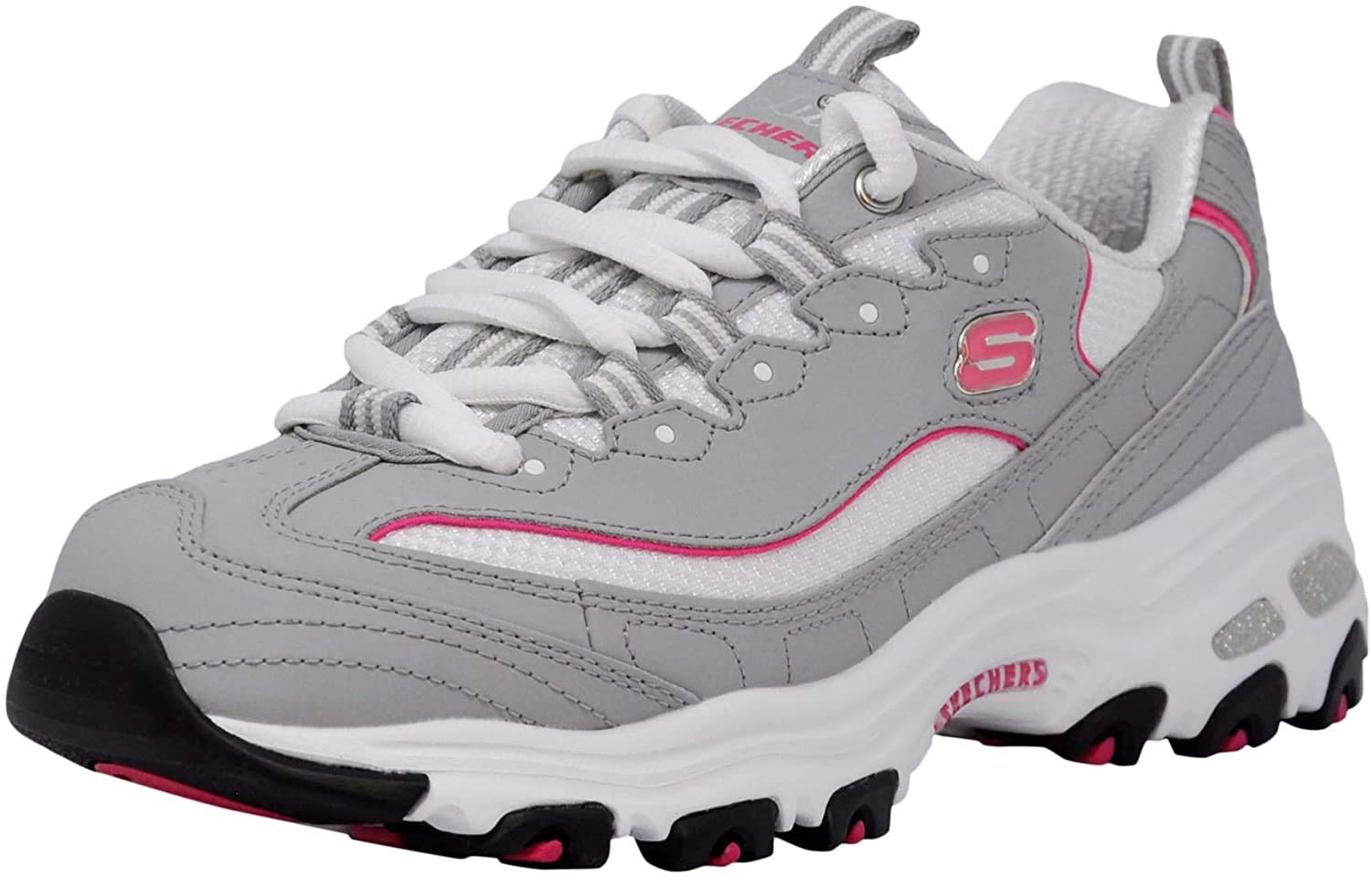 Skechers Women's D'Lites Original Lace-Up Sneaker, Grey/Pink, 8 W US