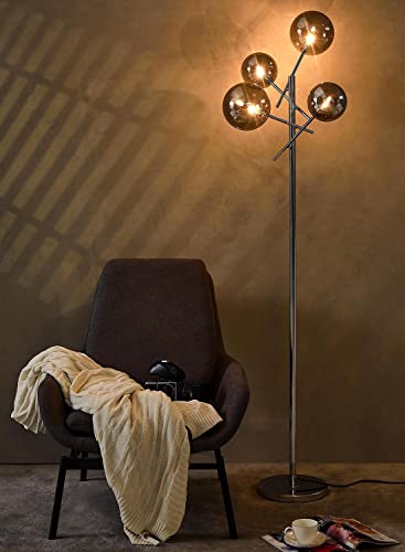 Surpars House Sputnik Chandelier Floor Lamp, 4 Lights Globe Floor Light with Smoky Grey Glass Shade,Chrome