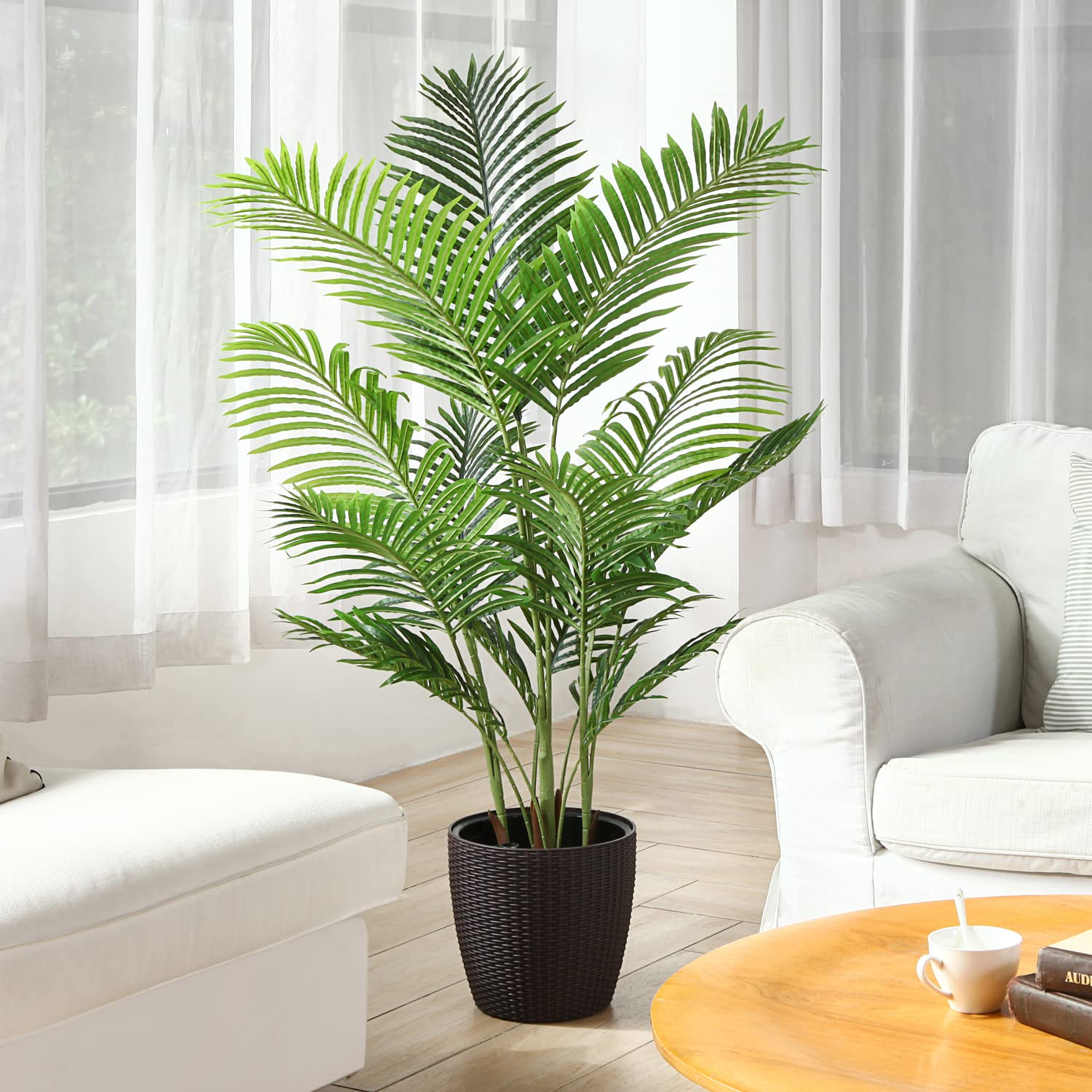 Fopamtri Artificial Areca Palm Plant 4.6 Feet Fake Palm Tree with 15 Trunks Faux Tree for Indoor Outdoor Modern Decor Feaux Dypsis Lutescens Plants in Pot for Home Office Housewarming Gift, 2 Pack