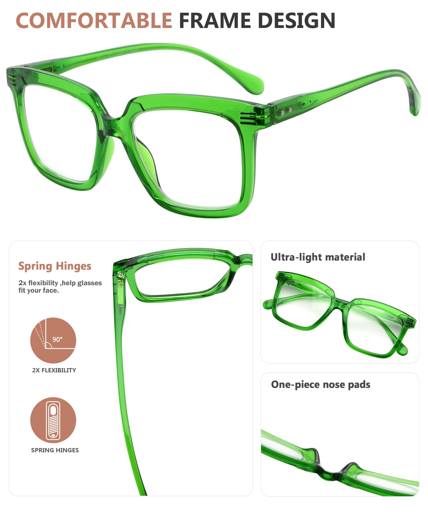 Eyekepper Square Reading Glasses for Women Large Frame Readers - Green +1.50