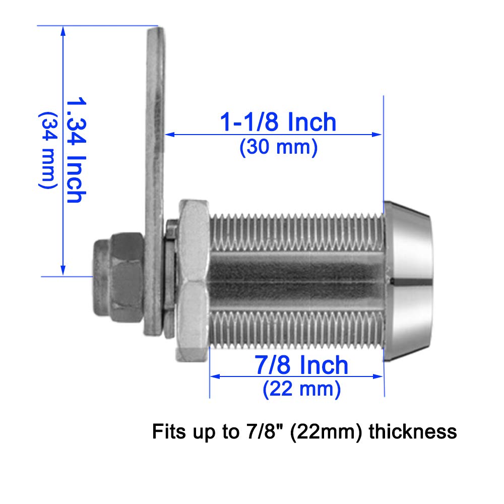 WOOCH Tubular Cam Lock Cabinet Lock,Keyed Alike Removable Key, 1-1/4" Cam and Offset Cam (1-1/8 Inch 90°, Chrome Finish, 4 Pack)