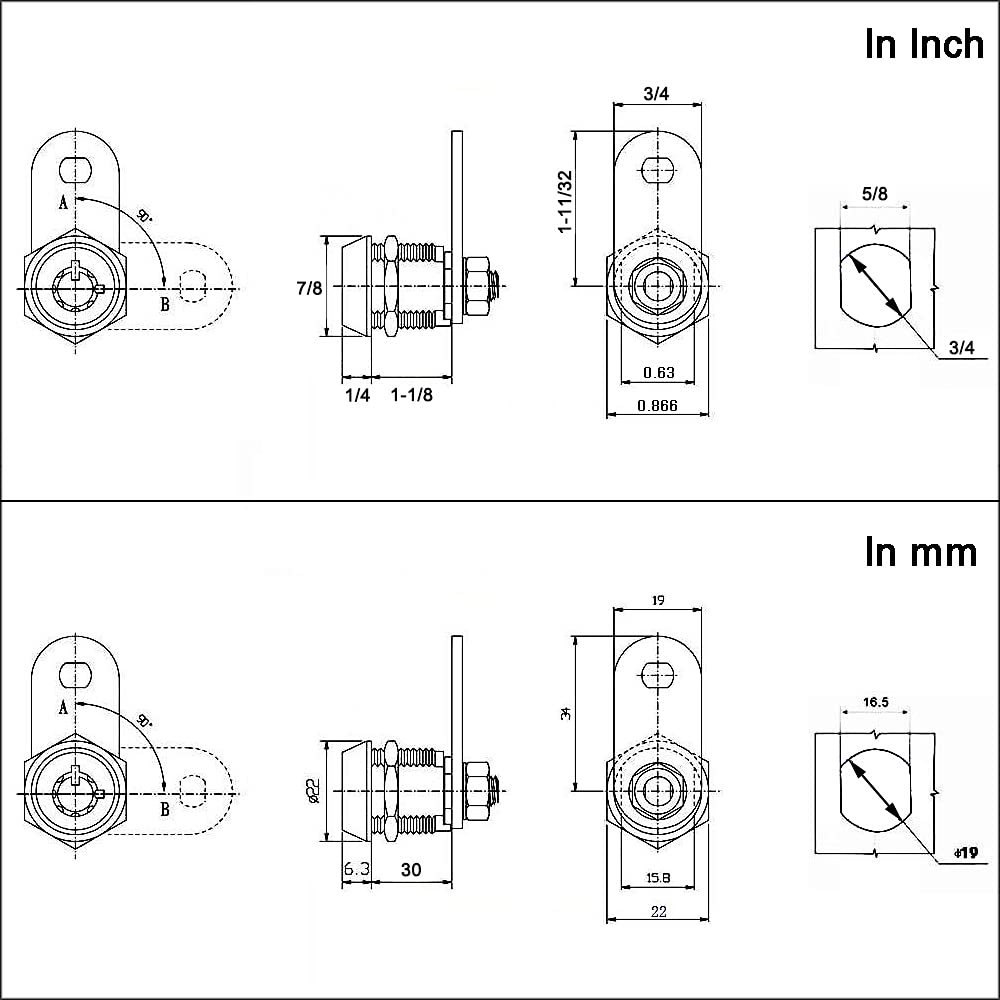 WOOCH Tubular Cam Lock Cabinet Lock,Keyed Alike Removable Key, 1-1/4" Cam and Offset Cam (1-1/8 Inch 90°, Chrome Finish, 4 Pack)
