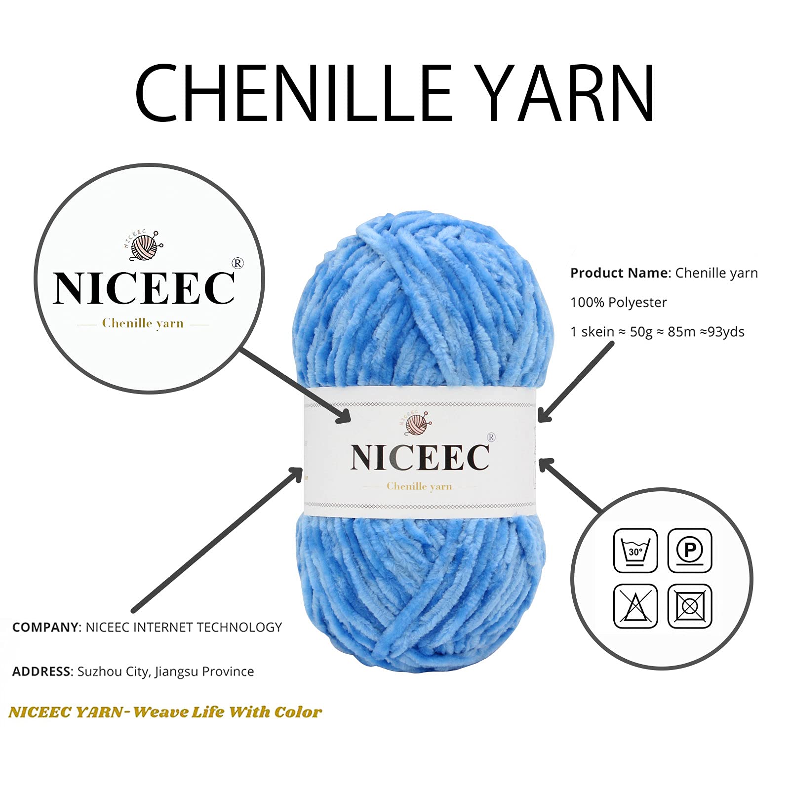 NICEEC 3 Skeins Soft Chenille Yarn Blanket Yarn for Knitting Fancy Yarn for Crochet Weaving DIY Craft Total Length 3×85m (3×93yds, 3×50g)_Blue