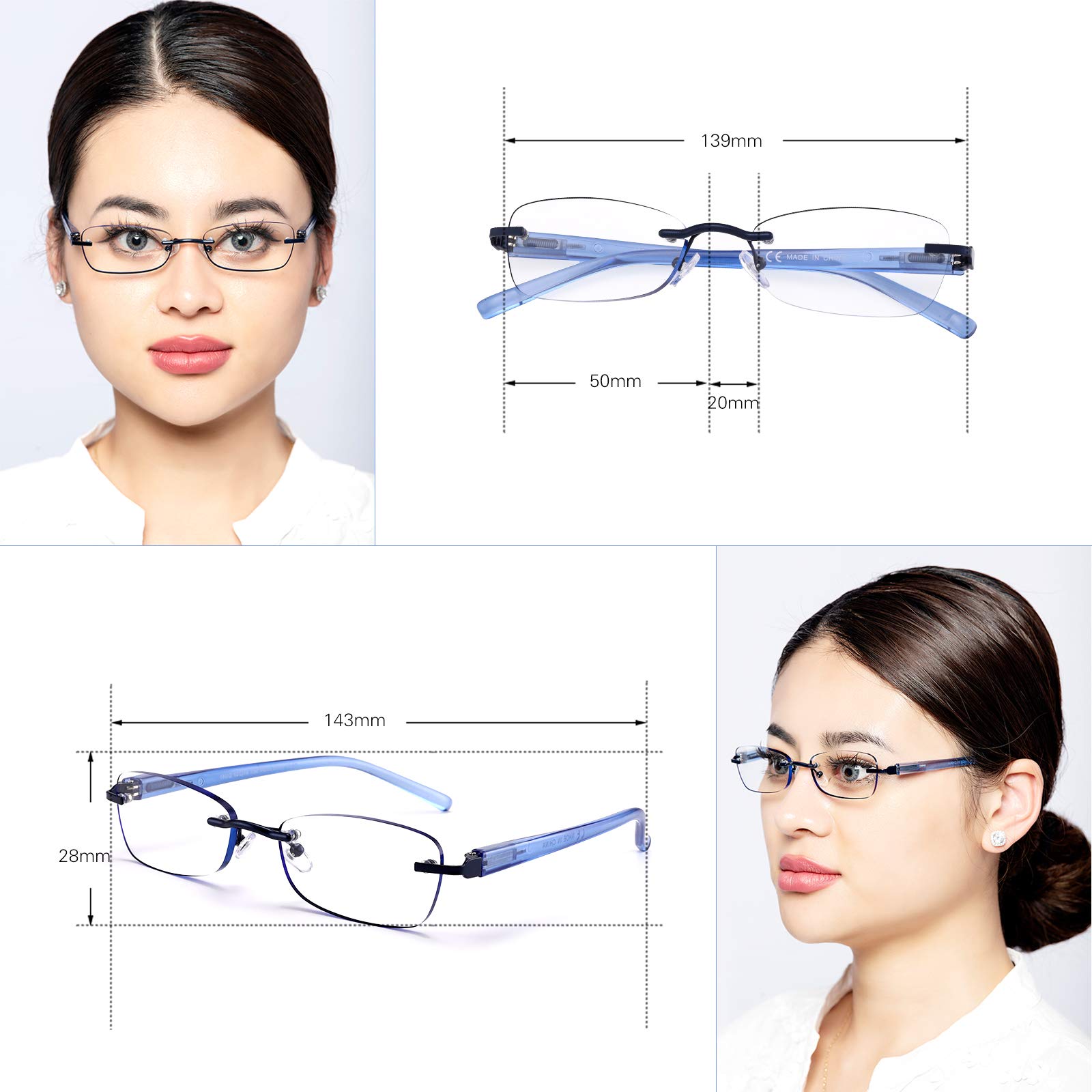 FEIVSN 3-Pack Rimless Reading Glasses For Women, Lightweight Spring Hinge Readers, Classic Elegant Artistic Eyeglasses UV 400 (Mix 2.5 Etc)