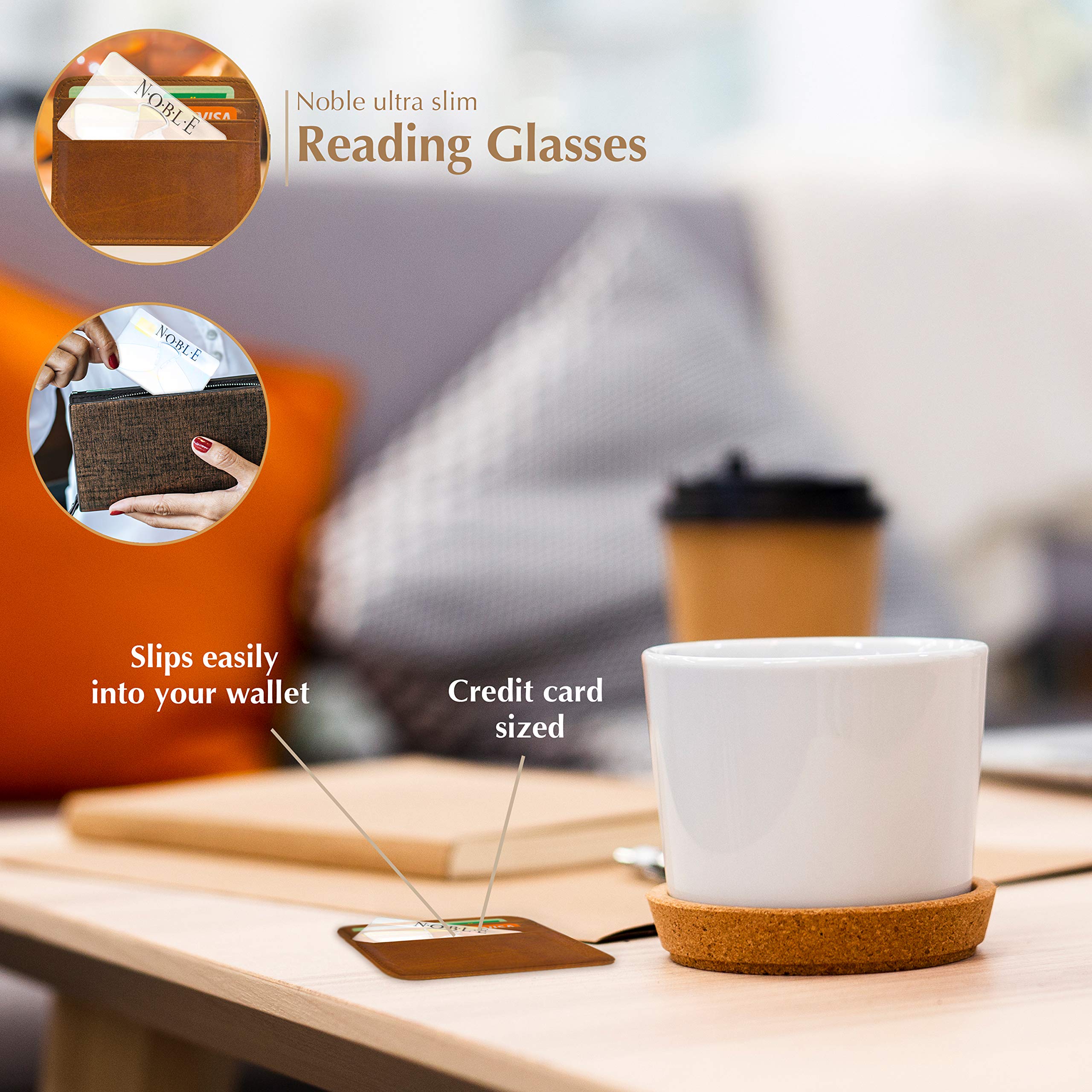 Noble Small Reading Glasses (3 Pack) - Rimless Readers with 3 Wallet Credit Card Holders and 1 Cell Phone Case - Pocket Magnifying Cheaters for Men and Women (+2.00)
