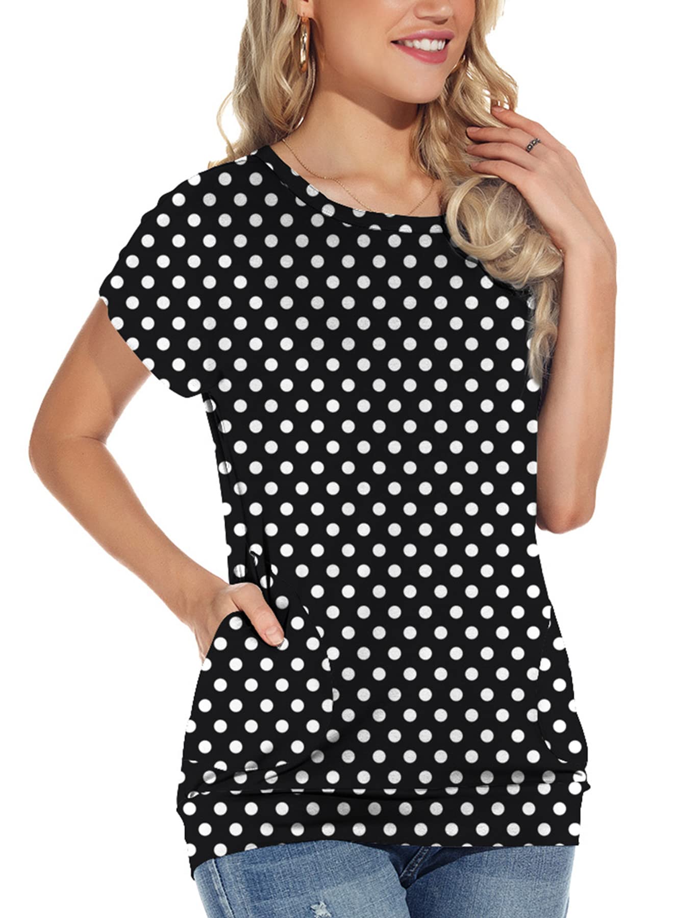 YSYOKOW Womens Summer Casual T Shirts Short Sleeve Tunic Loose Tops with Pockets(Polka Dot Black, Small)