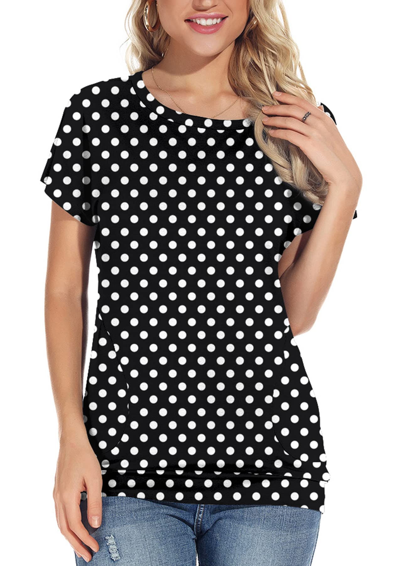 YSYOKOW Womens Summer Casual T Shirts Short Sleeve Tunic Loose Tops with Pockets(Polka Dot Black, Small)