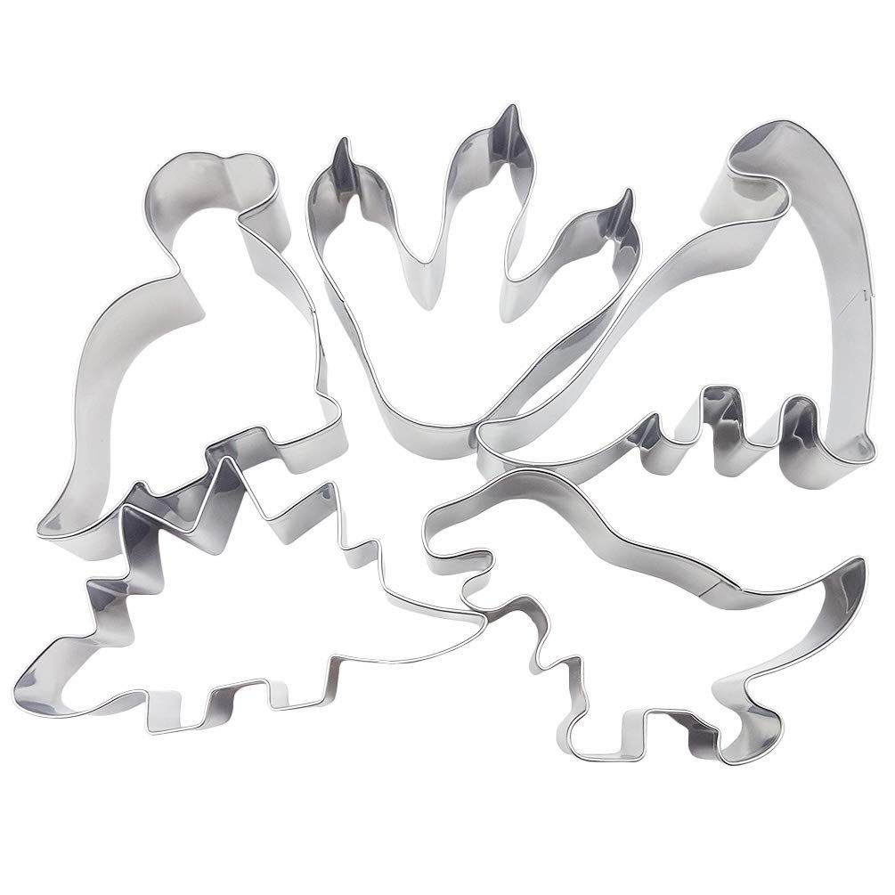 Kanntie 5-Piece Dinosaur Cookie Cutter Set with T-Rex, Baby dinosaur, Stegosaurus, Camarasaurus and Dinosaur Footprint