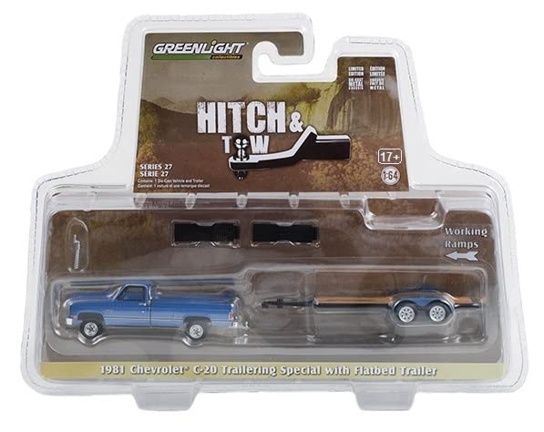 Greenlight 32270-B Hitch & Tow Series 27 - 1981 Chevy C-20 Trailering Special with Flatbed Trailer 1/64 Scale