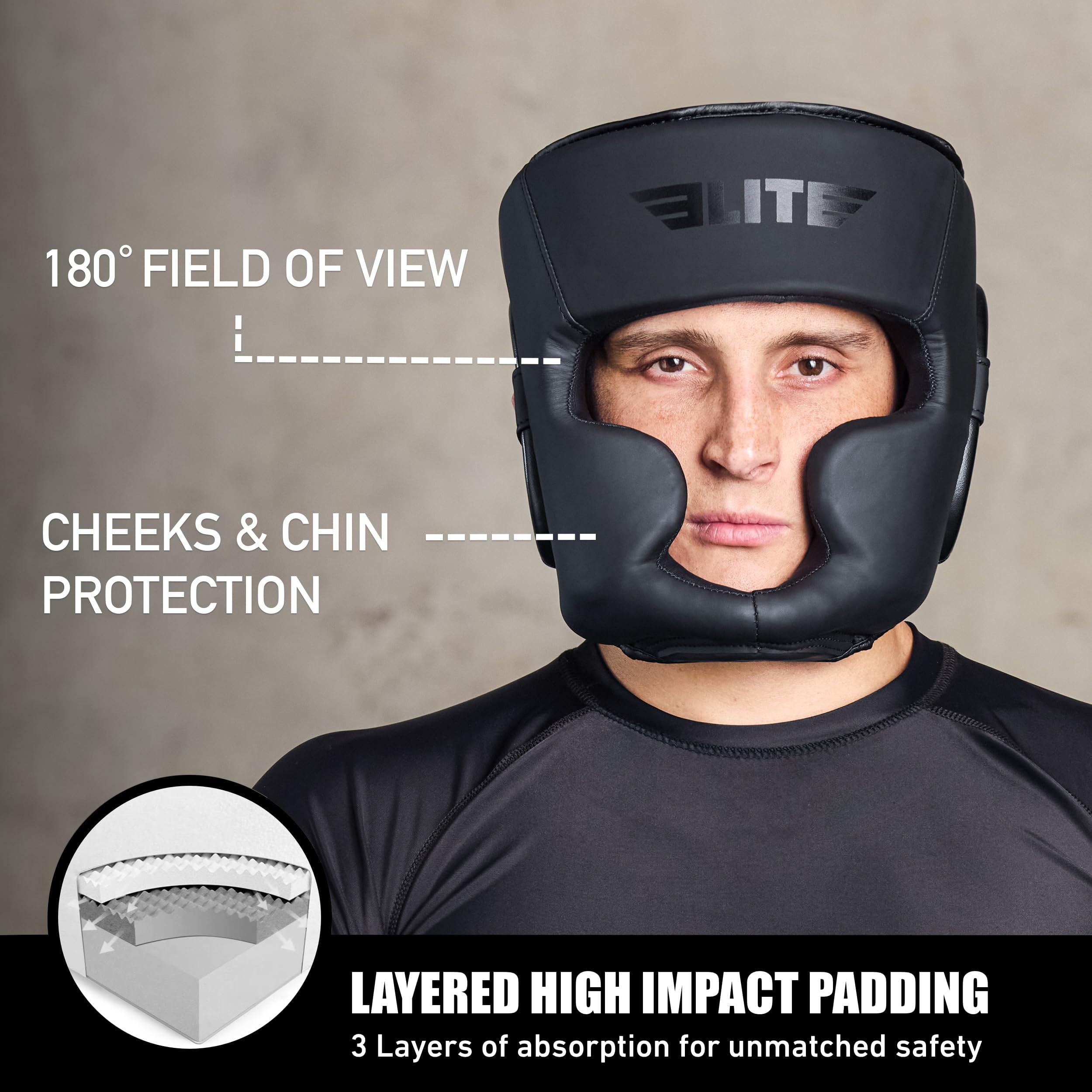 Elite Sports Best Boxing Headgear, Training Sparring Safety Head Guard for MMA, Kickboxing Trainees, Muay Thai, and Boxing for Adult Men (Black)
