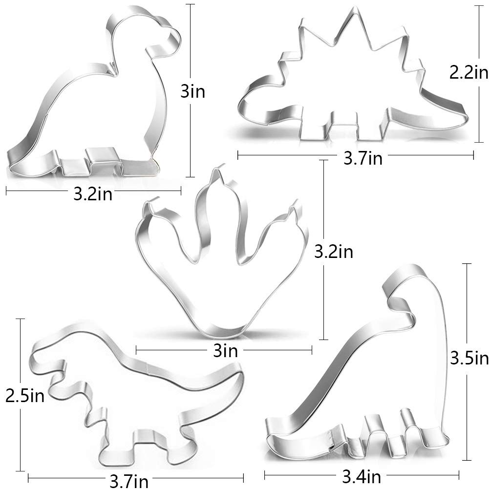 Kanntie 5-Piece Dinosaur Cookie Cutter Set with T-Rex, Baby dinosaur, Stegosaurus, Camarasaurus and Dinosaur Footprint