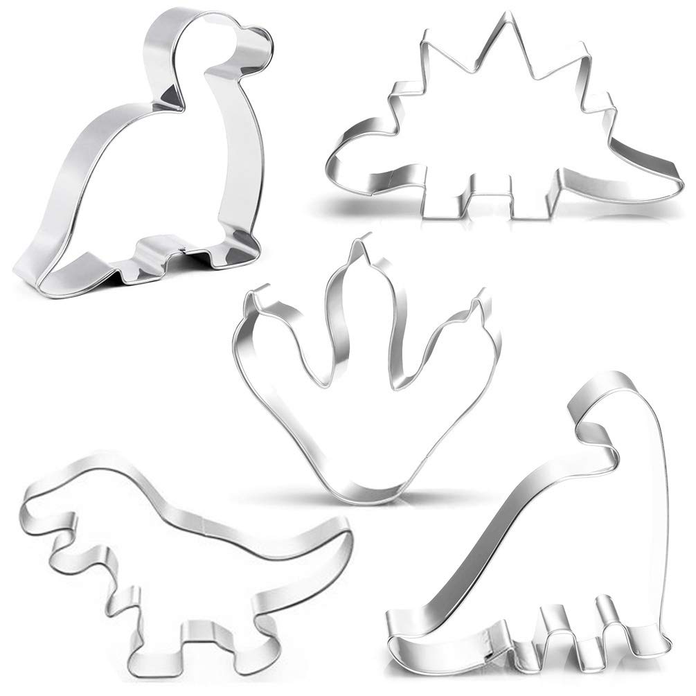 Kanntie 5-Piece Dinosaur Cookie Cutter Set with T-Rex, Baby dinosaur, Stegosaurus, Camarasaurus and Dinosaur Footprint