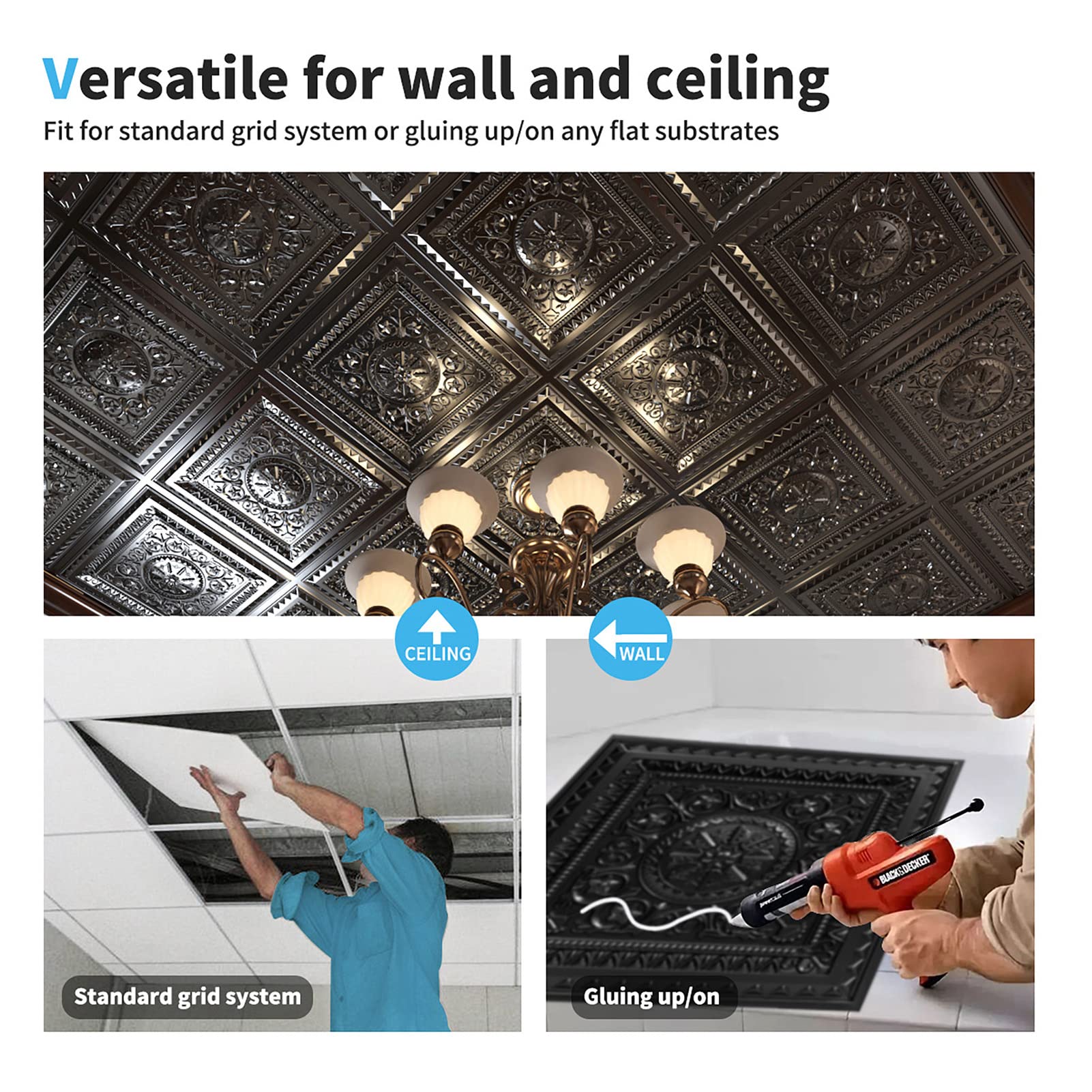 Art3d Drop Ceiling Tiles, Glue up Ceiling Tiles, 2'x2' Plastic Sheet in Black (12-Pack, 48 Sq.ft)