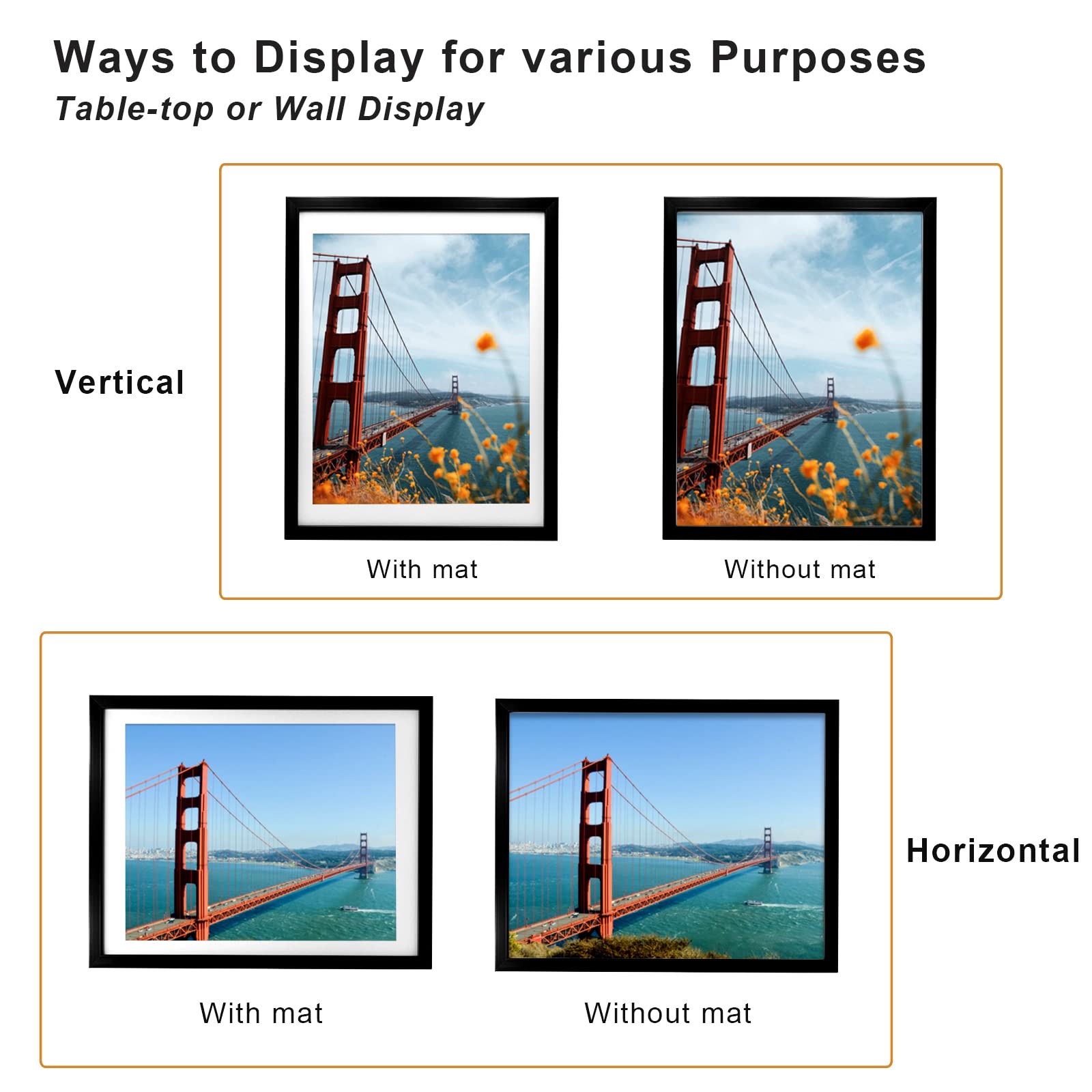KINLINK 12x16 Picture Frame Black Set of 1, Wooden Photo Frame Matted 11x14 with Plexiglass for 11x14 with Mat or 12x16 without Mat for Table and Wall Display